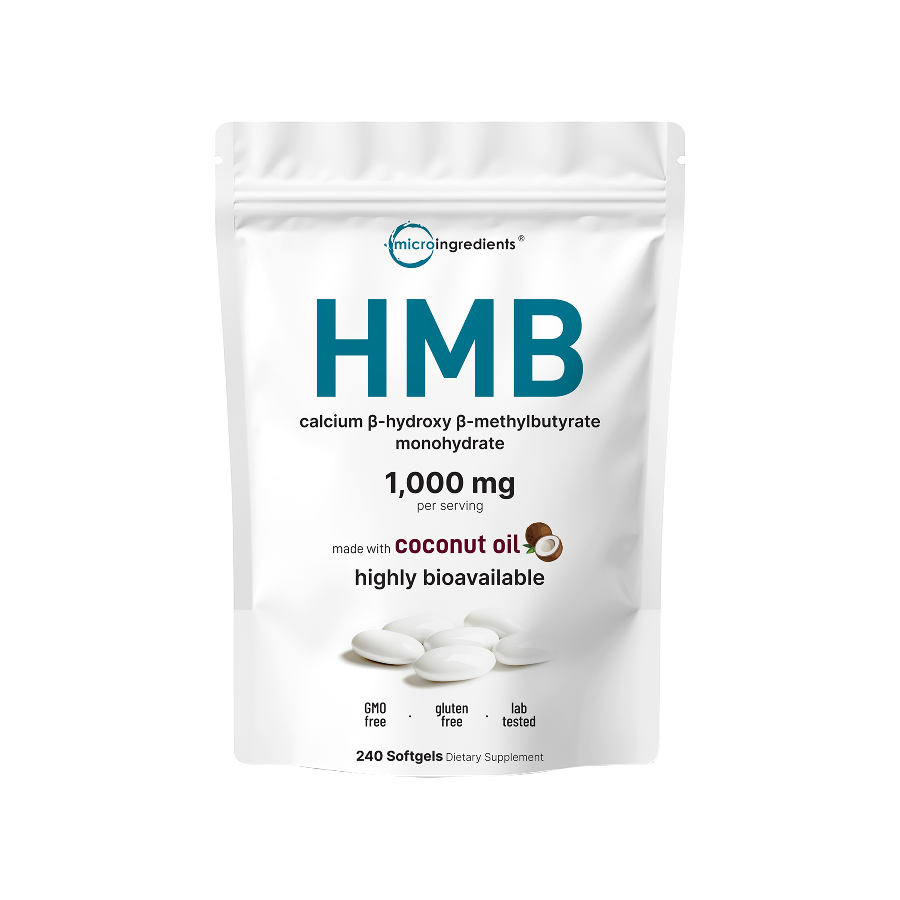 Micro Ingredients HMB 1,000mg, 240 Softgels with Coconut Oil, Highly B