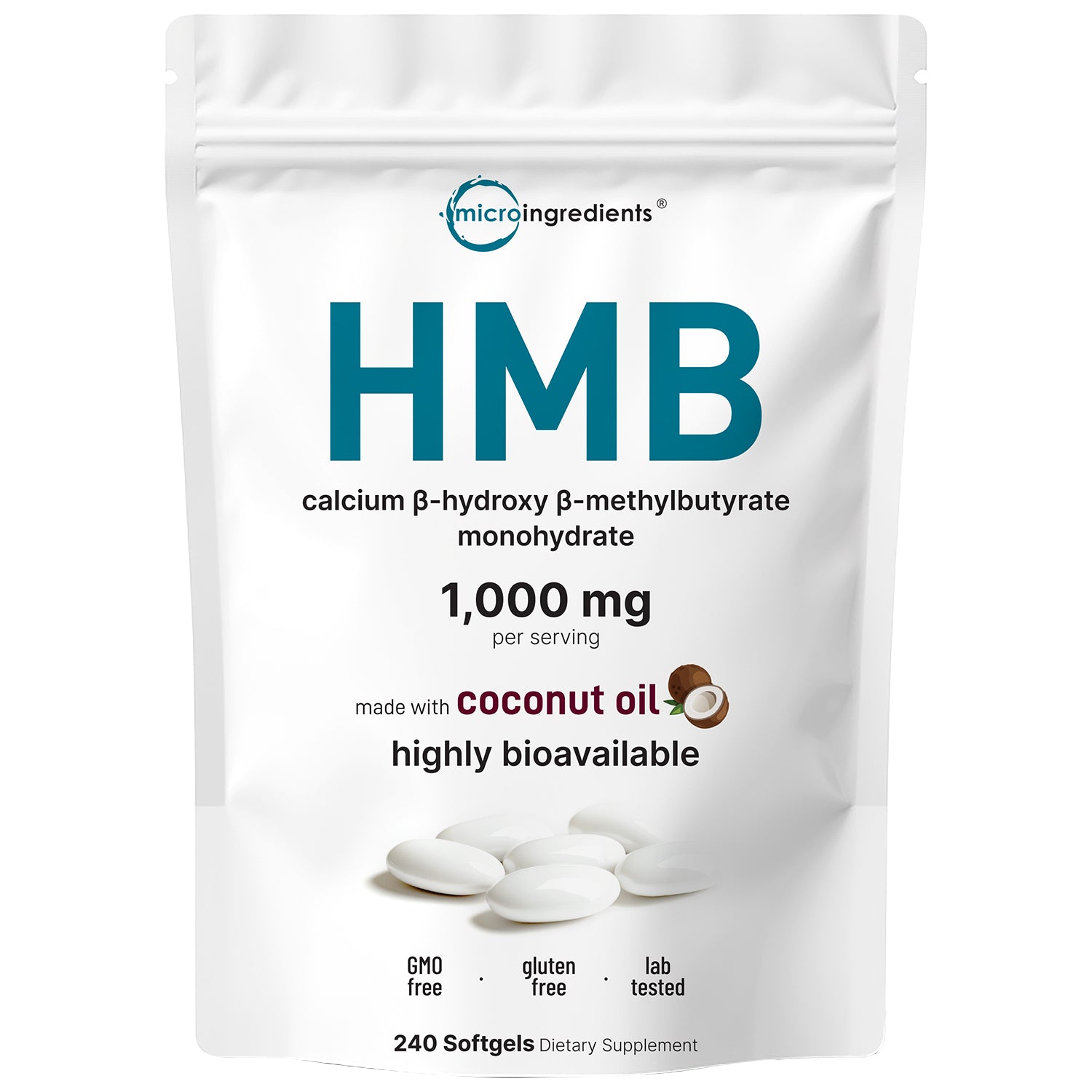 Micro Ingredients HMB 1,000mg, 240 Softgels with Coconut Oil, Highly B