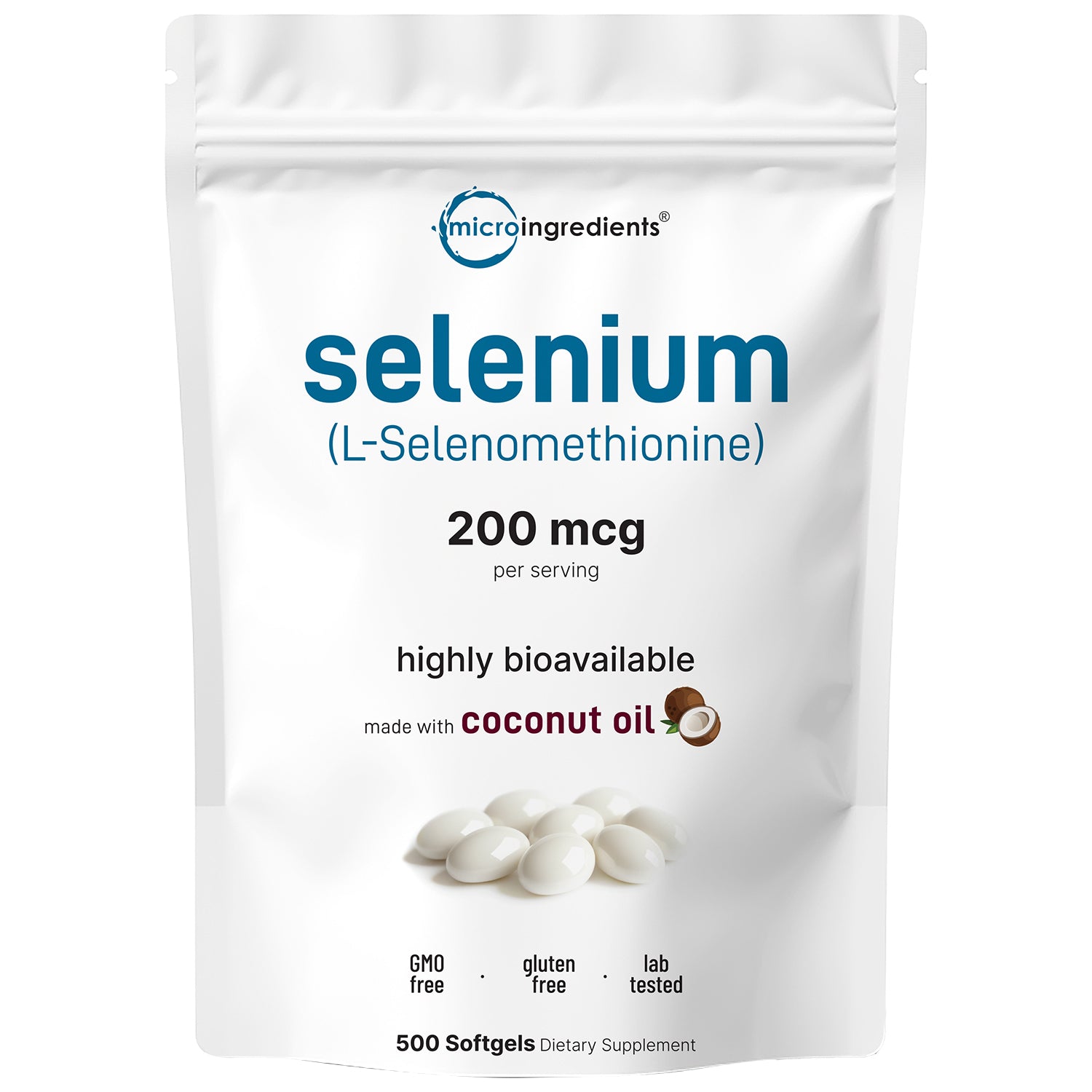 Micro Ingredients Selenium Supplement 200mcg, 500 Softgels with Coconu